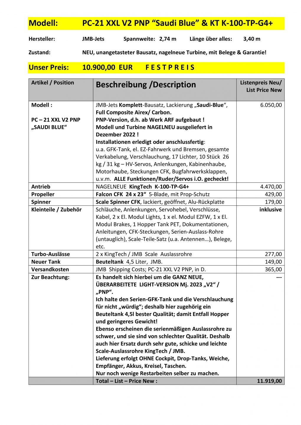 Modell: JMB-Jets PC-21 XXL V2, „Saudi Blue“ PnP, 2,74m, KingTech K100-TP-G4+ - Finest-RC-Models