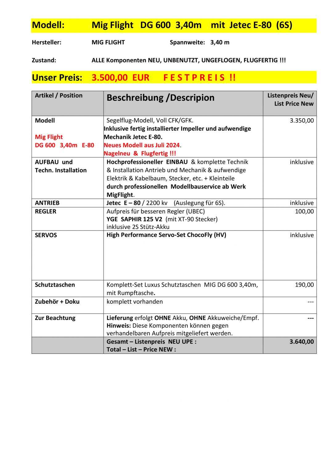 Modell: MigFlight DG 600 , 3,40m , mit Jetec E-80 - Finest-RC-Models